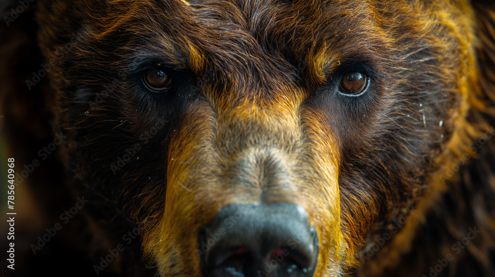 Brown bear portrait in the forest: A wild grizzly bear with furry brown ...