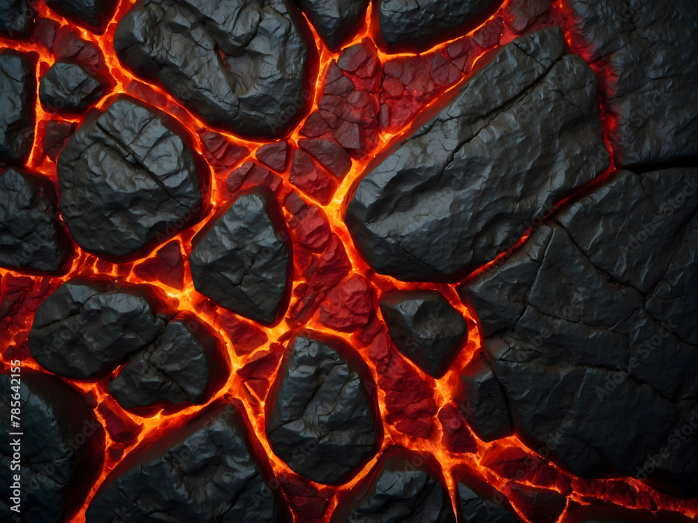 Burning coals and crack surface. Black and red rock stone background ...