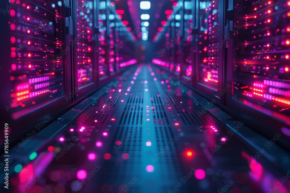 A vibrant image of a data center with rows of server racks bathed in ...