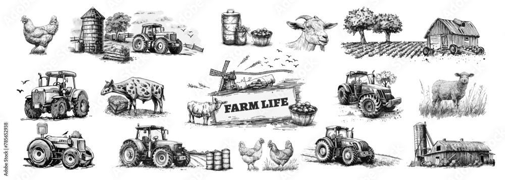 Rustic Charms of Farm Life Illustrated. Use like countryside background ...
