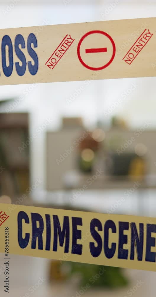 Crime scene, tape and home for murder, homicide and investigation with ...