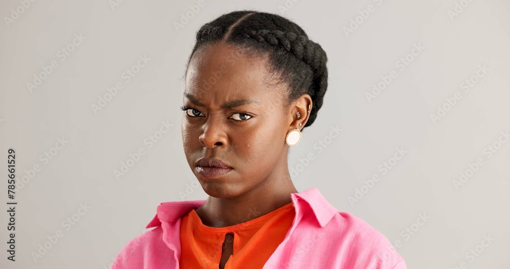 Studio, portrait and black woman with emotion for anger, surprise and ...