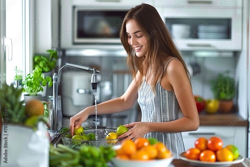 A Happy Young Wife Washing Fresh Fruit in a Modern Kitchen, Symbolizing ...