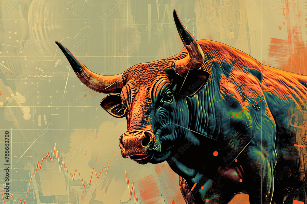 A bull with horns is standing in front of a graph. The bull is looking ...