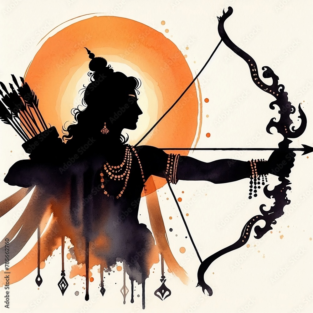 Watercolor illustration of lord rama silhouette with a bow and arrow ...