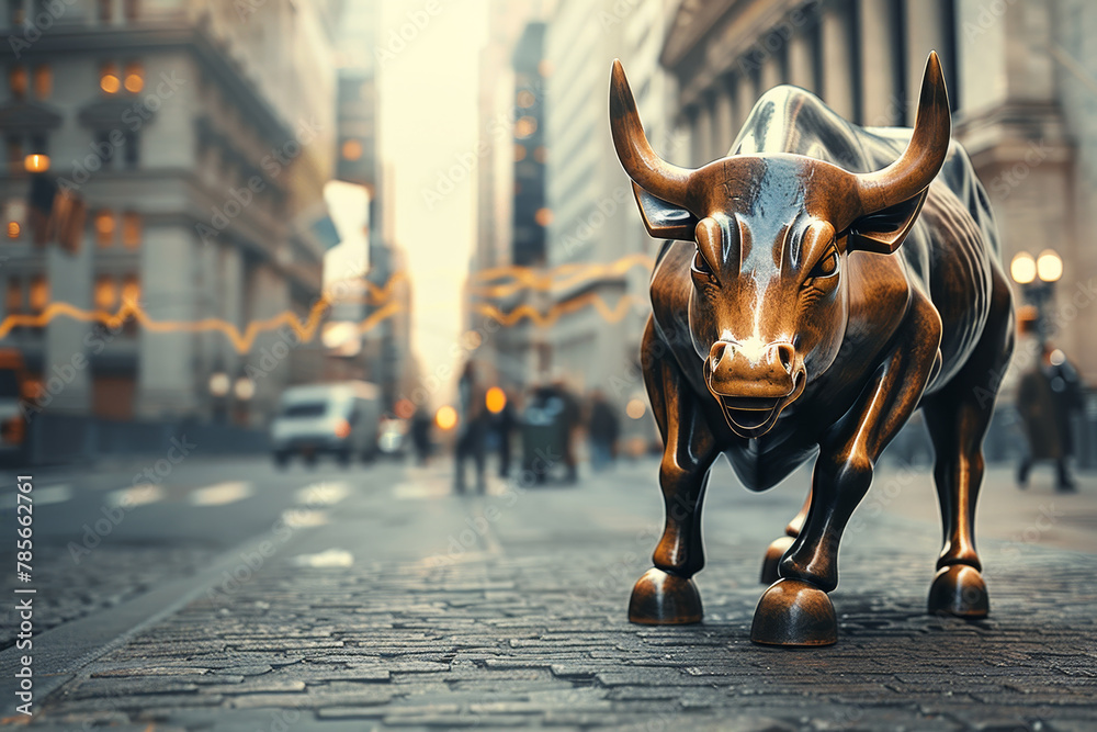 A bull statue in a city with people walking by. The statue is made of ...