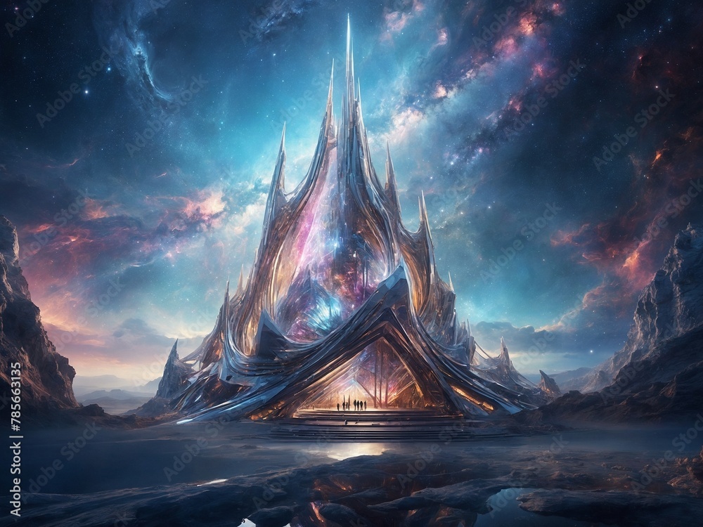 Majestic, otherworldly structure, resembling palace, temple, stands ...