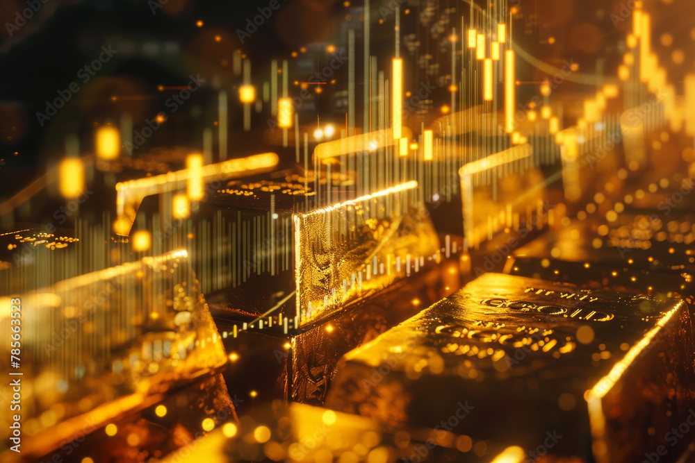A series of gold bars are shown in a bright, glowing light. The bars ...