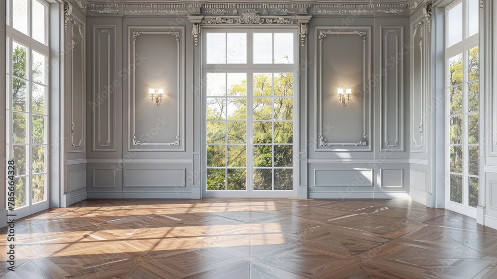 Traditional interior vacant room 3D render,The rooms have white molding ...