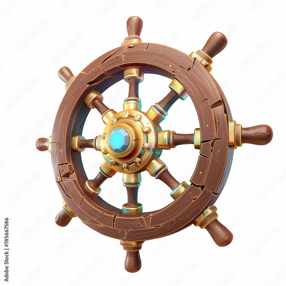 Cartoon 3D ship steering wooden wheel of pirates with gold inserts on a ...
