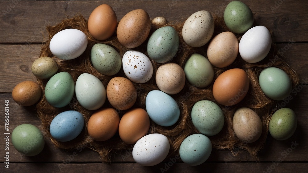 Collection of eggs, diverse in color, size, rest nestled within bed of ...