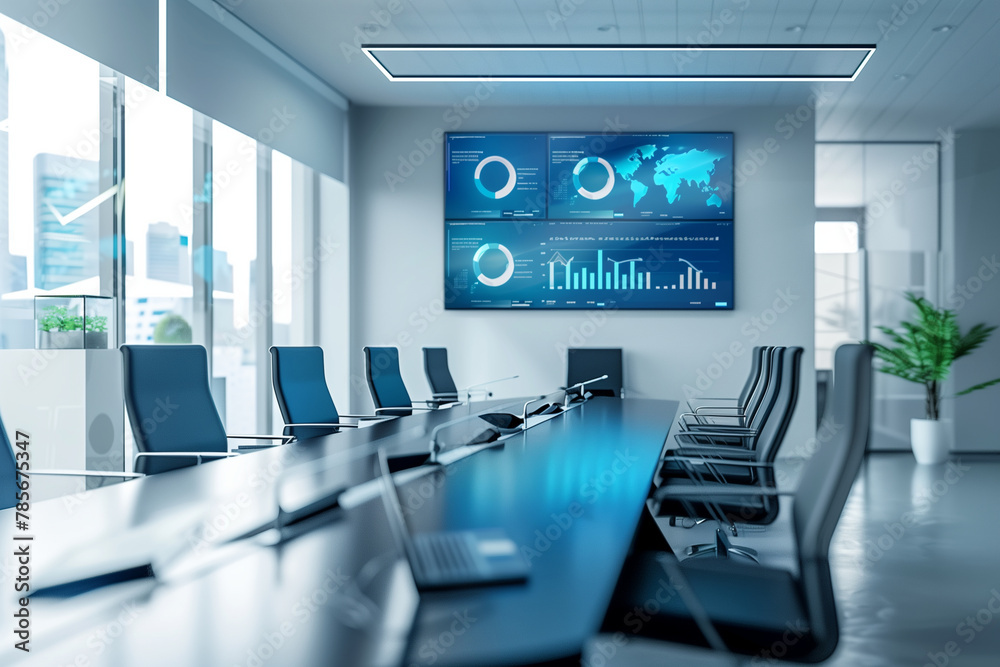 minimalist photo showcasing a sleek conference room setup with digital ...