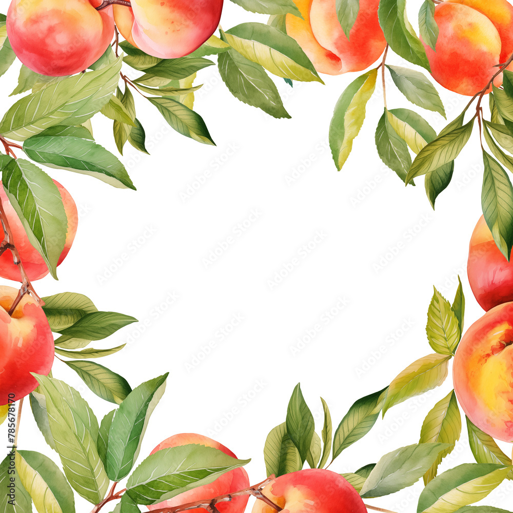 Watercolor frame border, card template with peaches tree branches and ...