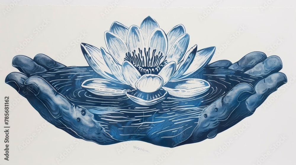 Linocut Print of a Lotus Flower Blossoming from a Mound of Water on a ...