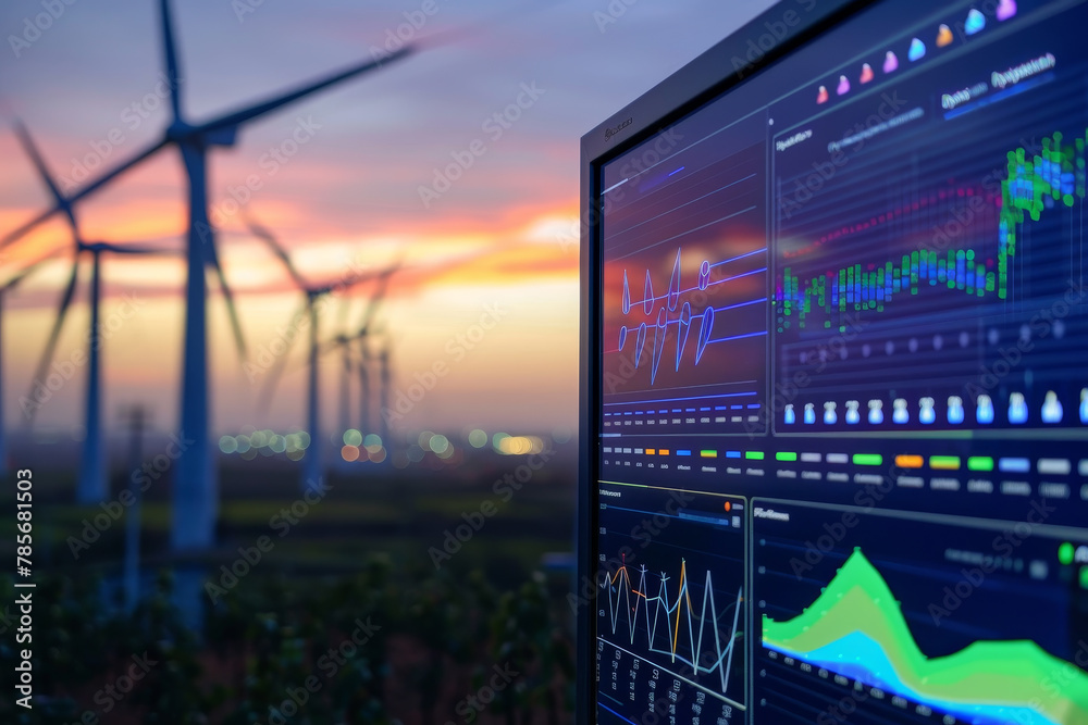 A computer monitor displays a graph of wind power. The graph shows a ...