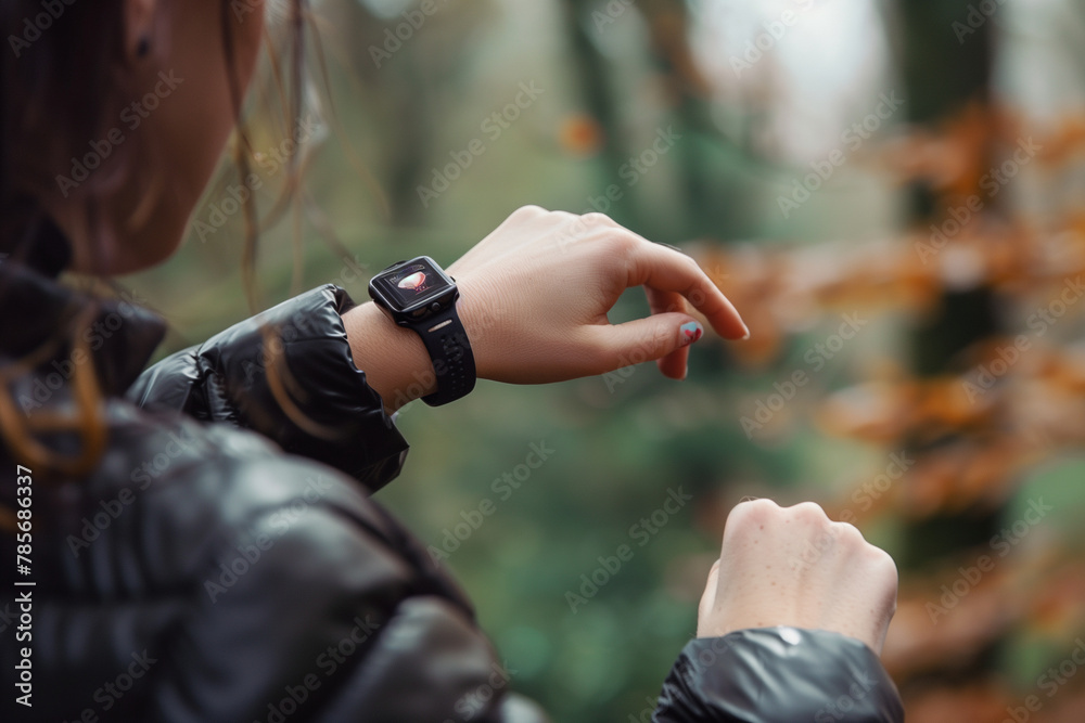 woman's interaction with her smartwatch as she tracks her pulse trace ...