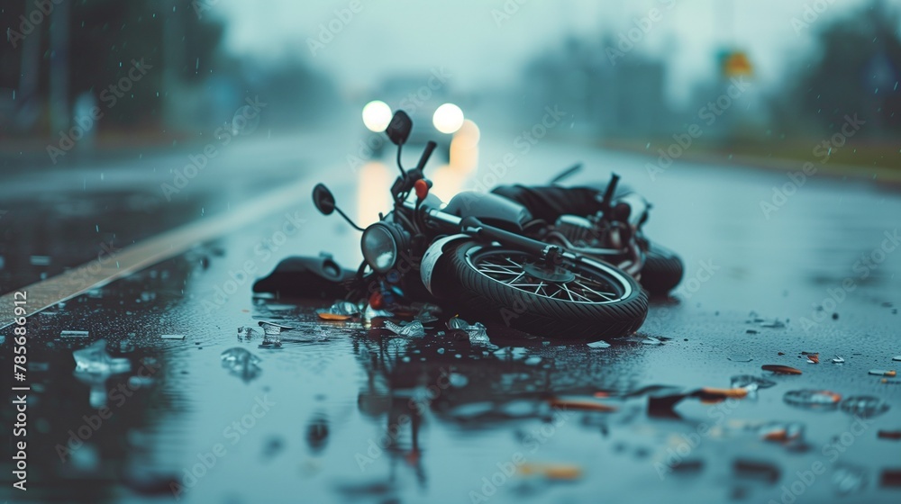 A devastating traffic collision scene showing a damaged motorcycle ...