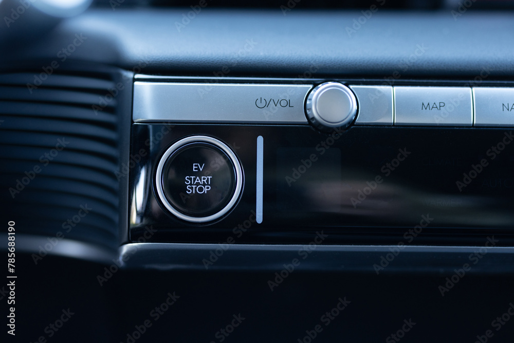 Pushing start stop Button to start keyless ignition hybrid car electro ...