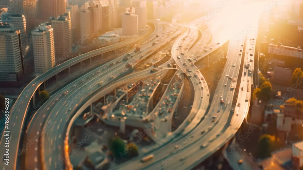 This aerial photograph captures a bustling city intersection with ...