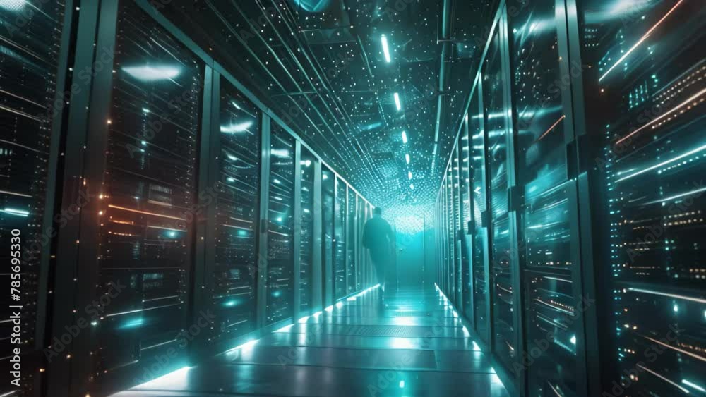 Vidéo Stock A man stands in the center of a room filled with servers ...