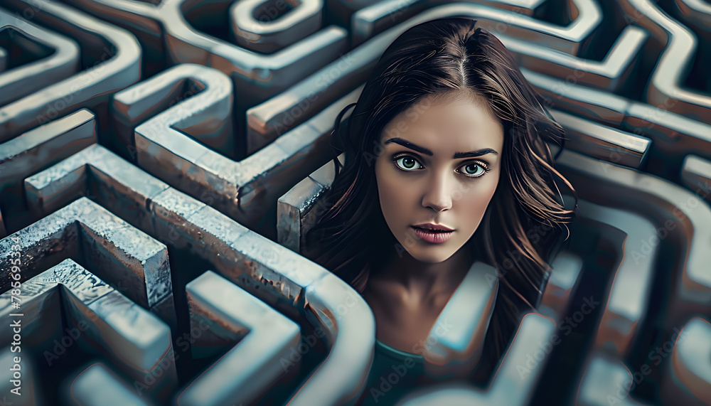 A woman in a labyrinth, representing the concept of navigating mental ...