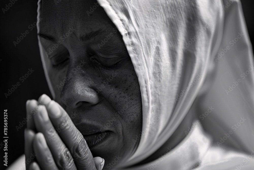 Tender moment captured in a nun's prayer, her eyes closed in devotion ...