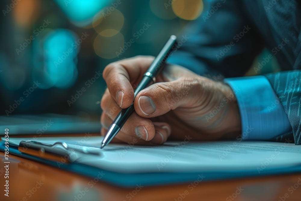 An intense focus on a man's hand penning his signature on a formal ...