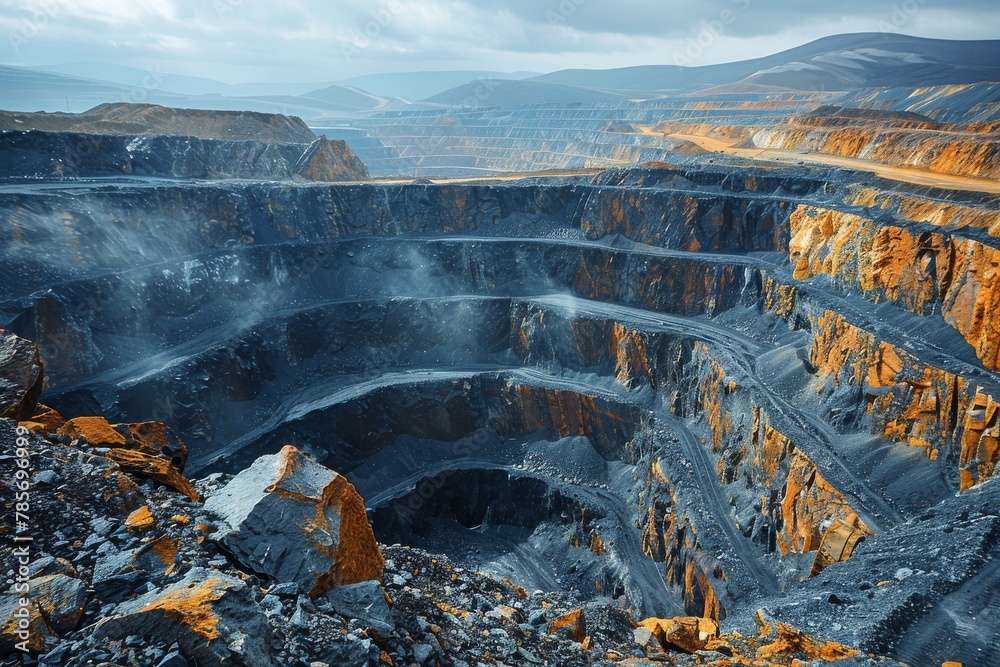 Vast open pit mine showcasing the geological layers and industrial ...