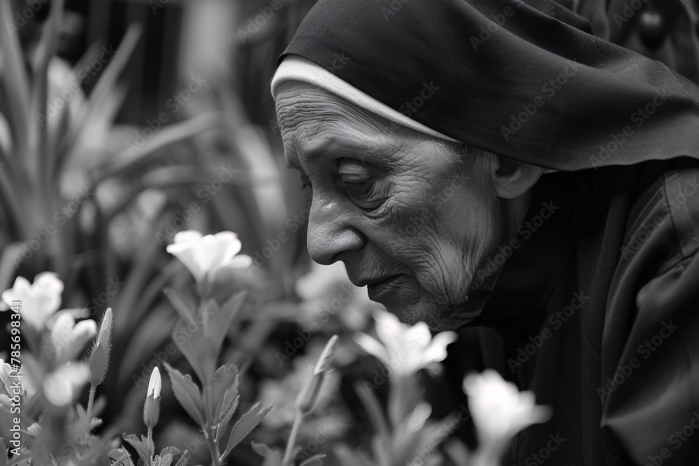 Intimate glimpse of a nun's face in the convent courtyard, her ...