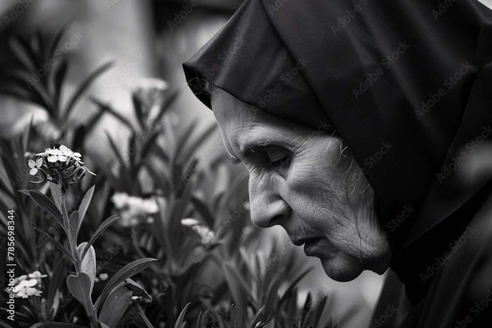 Intimate glimpse of a nun's face in the convent courtyard, her ...