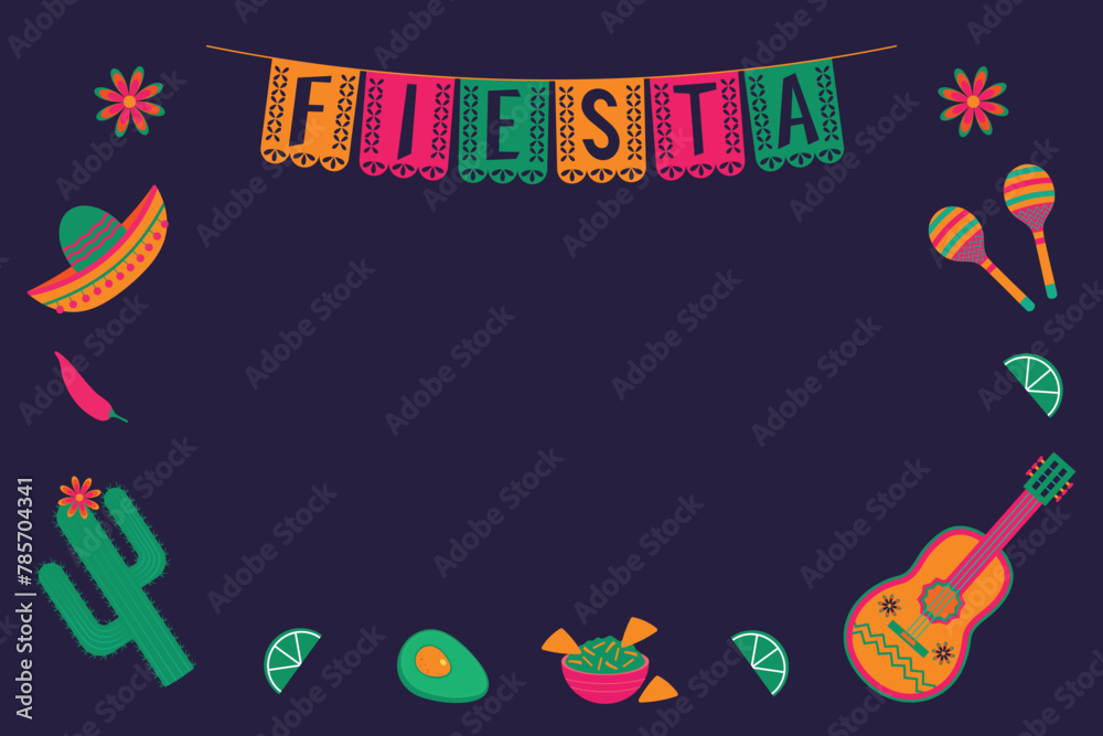 Mexican fiesta - background, banner design with flags, flowers, cacti ...