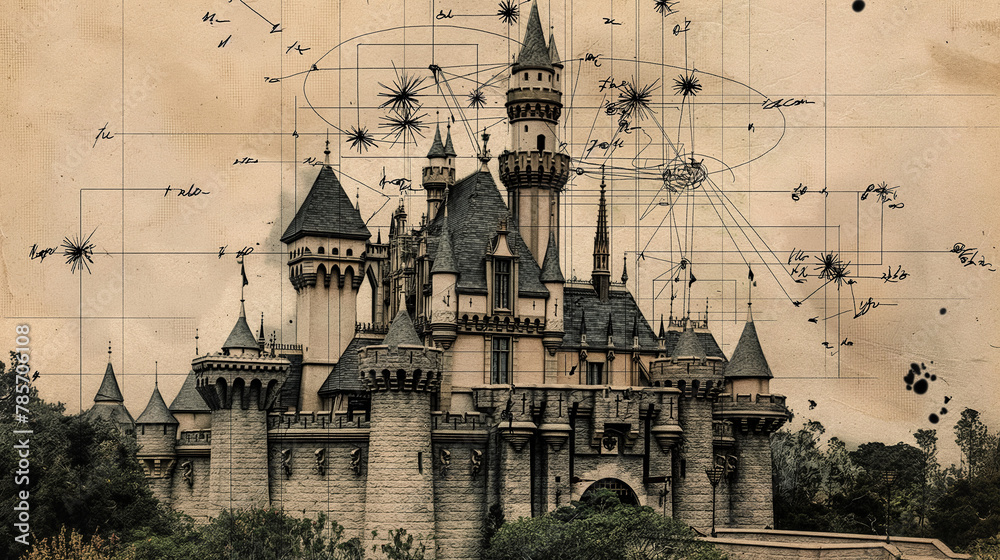 Vintage Castle Blueprint Design with Architectural Calculations Stock ...
