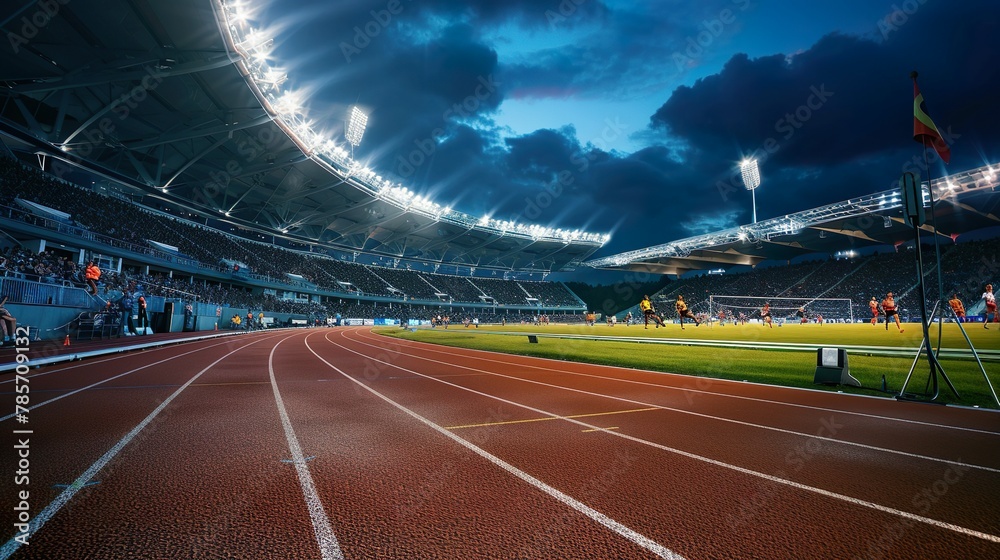 Track and field track in a big arena made with Ai generative technology ...