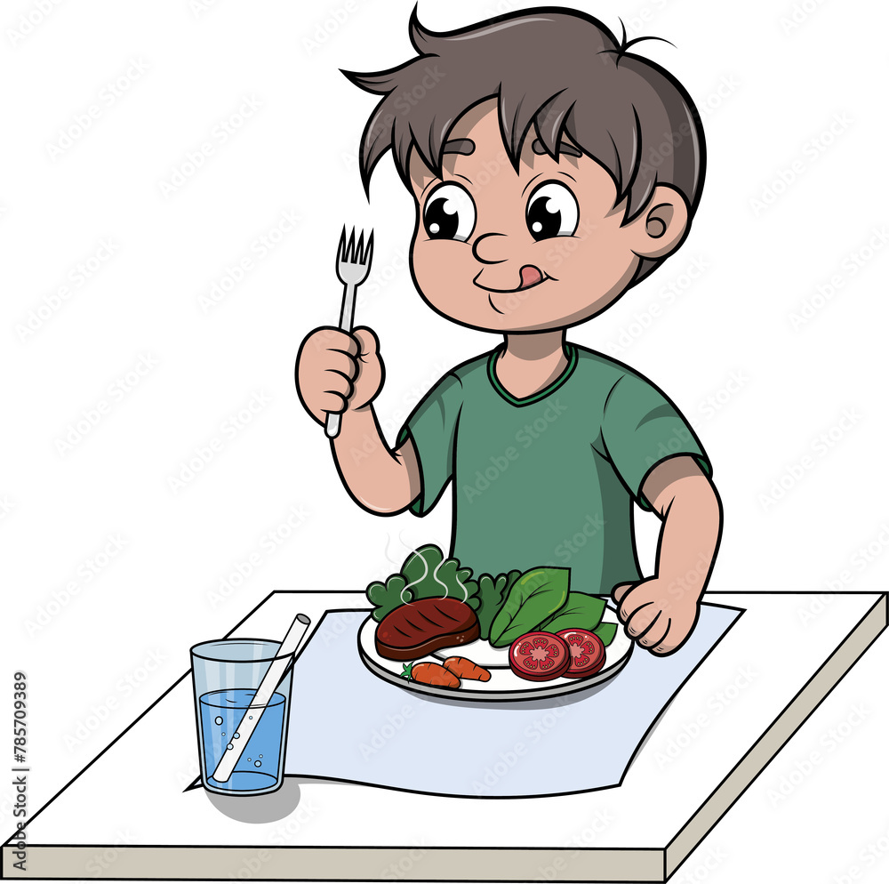 Niño adorable sentado en la mesa listo para comer un plato de comida ...