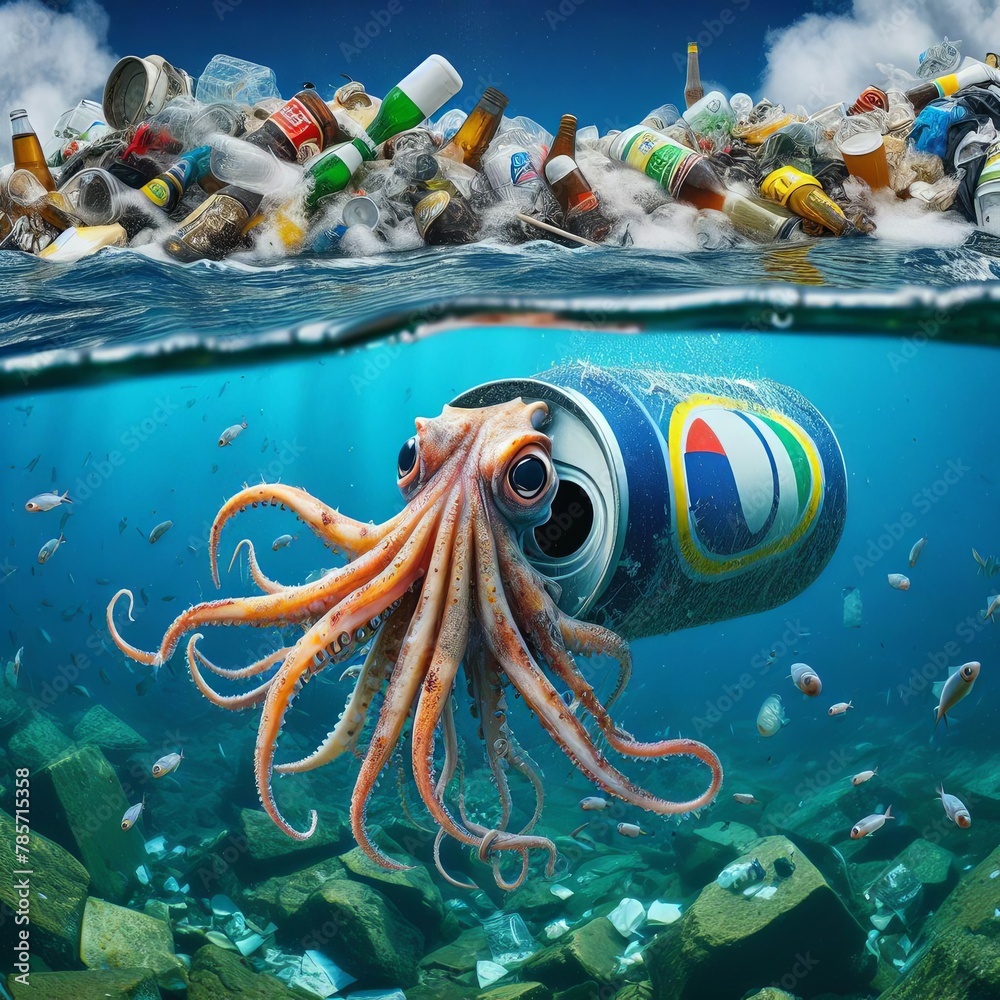 Garbage in the ocean, beer can and jellyfish, Sea pollution, Sea ...