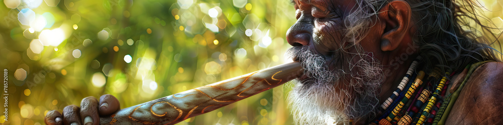An Indigenous Australian man playing a didgeridoo at a cultural event ...