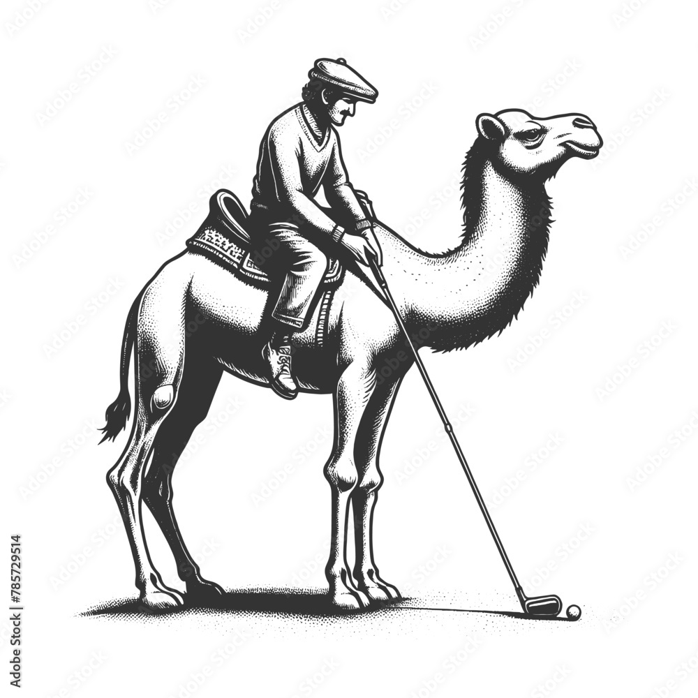 golfer riding a camel, combining elements of traditional golf attire ...