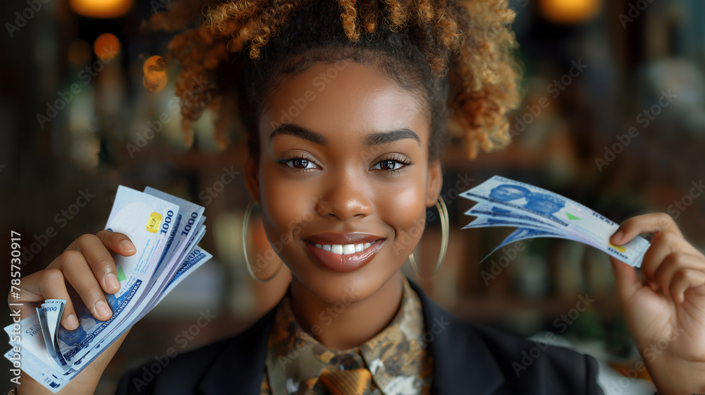 Beautiful Young black business woman similing holding showing 1000 ...