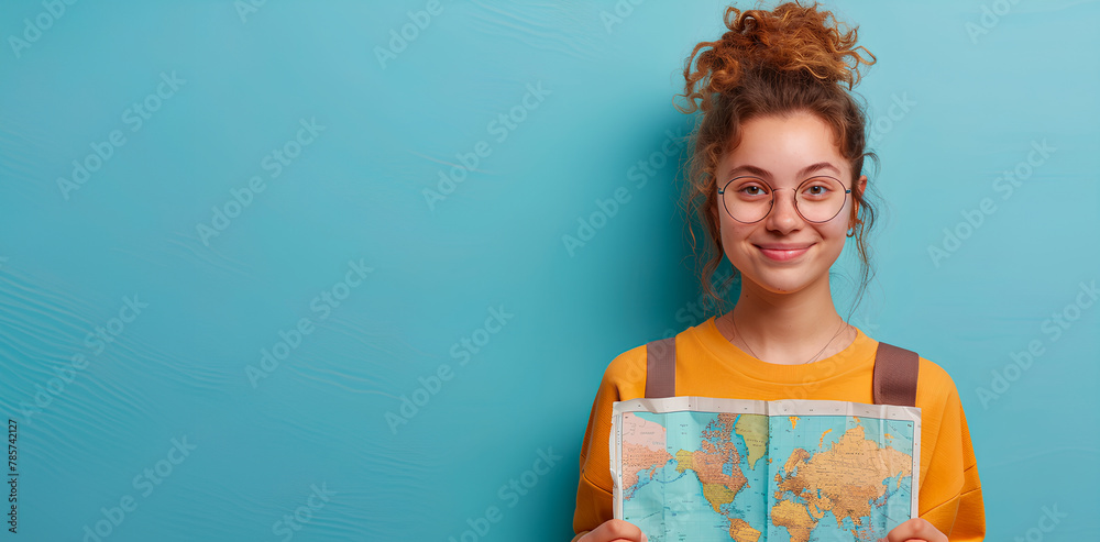 Young girl with a map of the world on a color background. travel ...