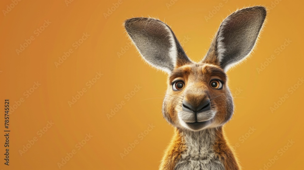 Amused cartoon kangaroo with a boomerang, vibrant orange background for ...