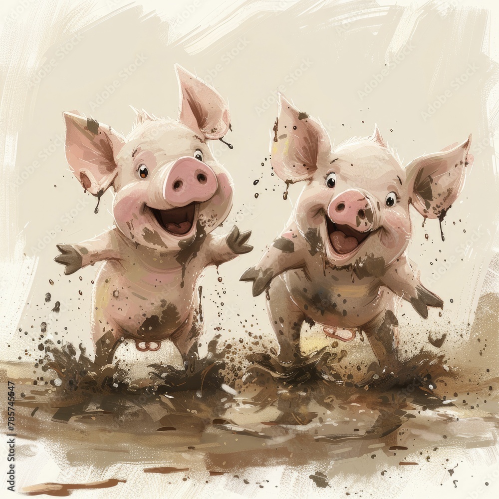 Cartoon pigs joyfully frolic in muddy delight against an earthy brown ...