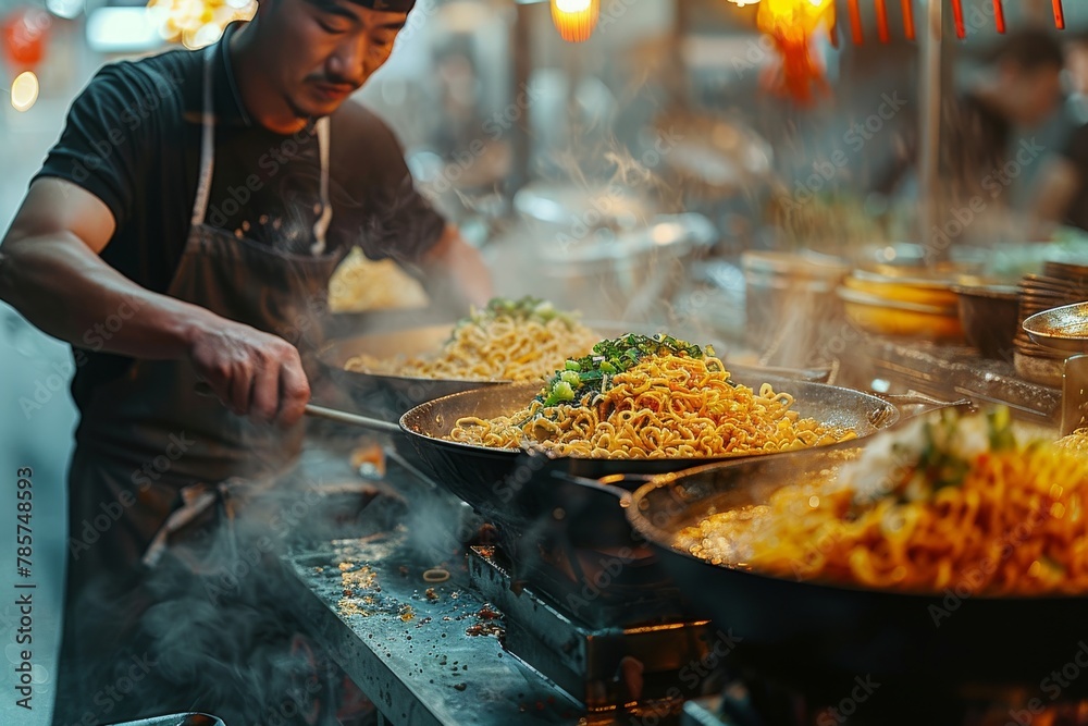 Skillful chef in action cooking with a large flame, in a professional ...