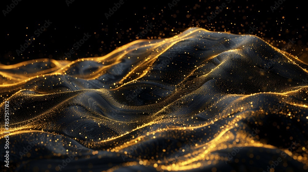 An abstract, wavelike form composed of gold particles and sand against ...