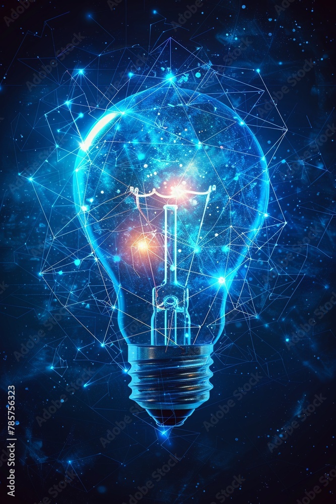 Exploding blue light bulb, vibrant polygons, geometric background ...
