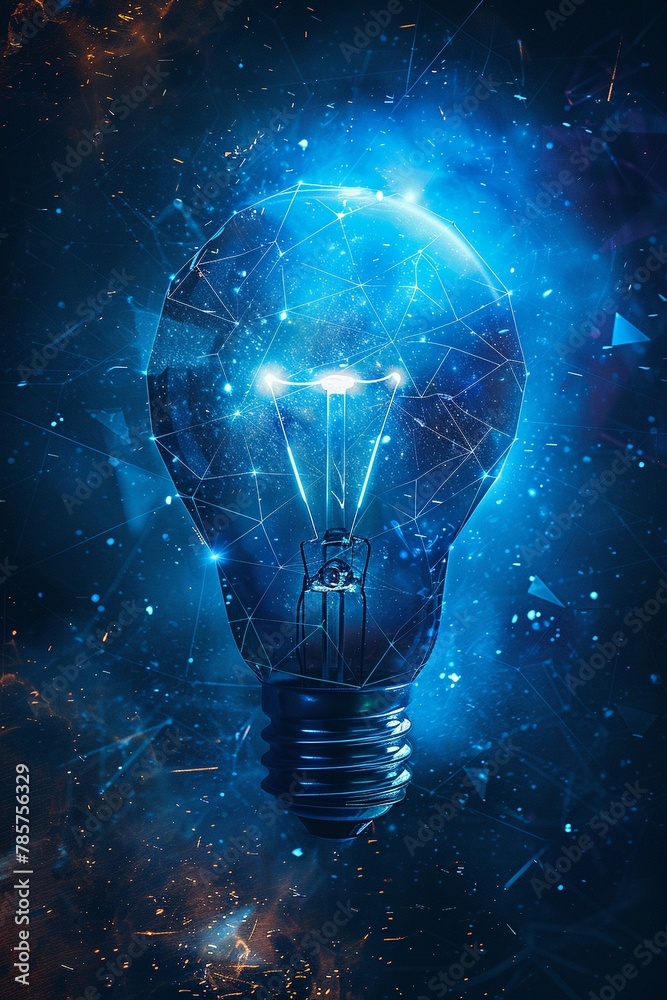 Exploding blue light bulb, vibrant polygons, geometric background ...