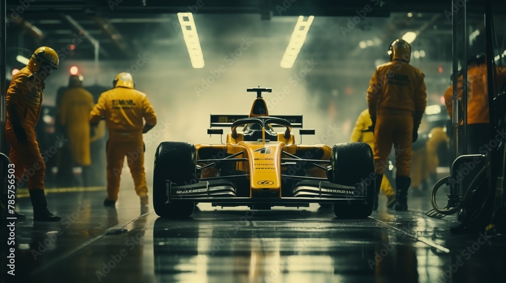 Formula one race car pit crew ready for action in the pit lane of a pitstop, Car race, ultimate ...