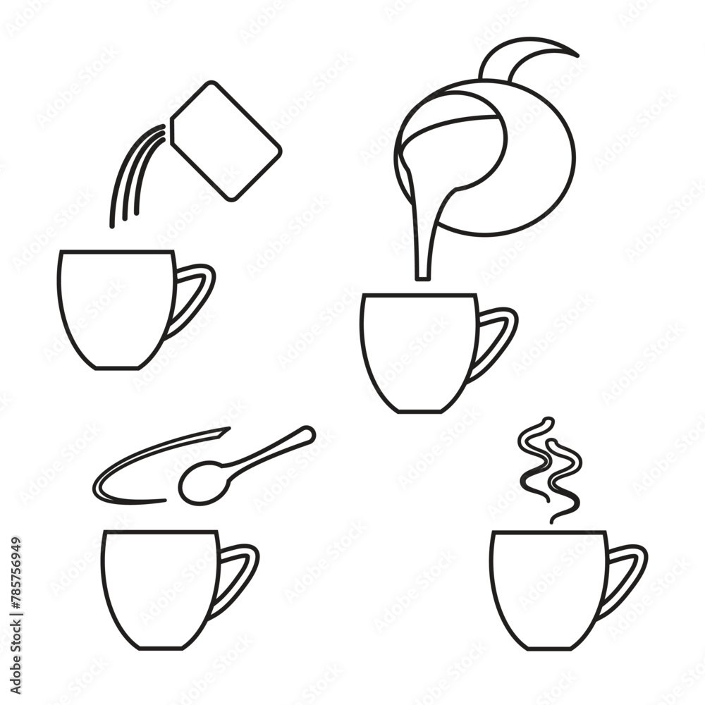 Preparing instant drink icon set, step by step instruction how to ...