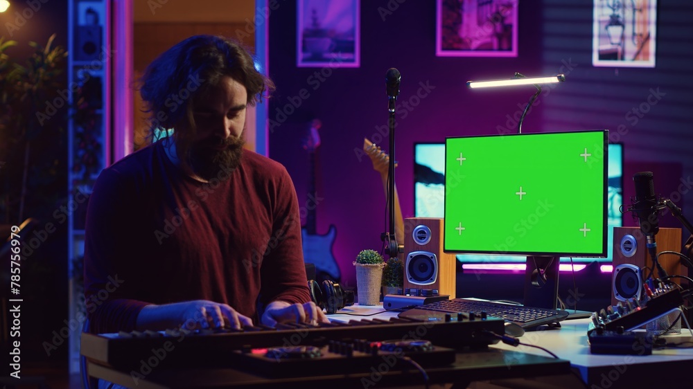 Artist learning to play at electronic piano keyboard in home studio ...
