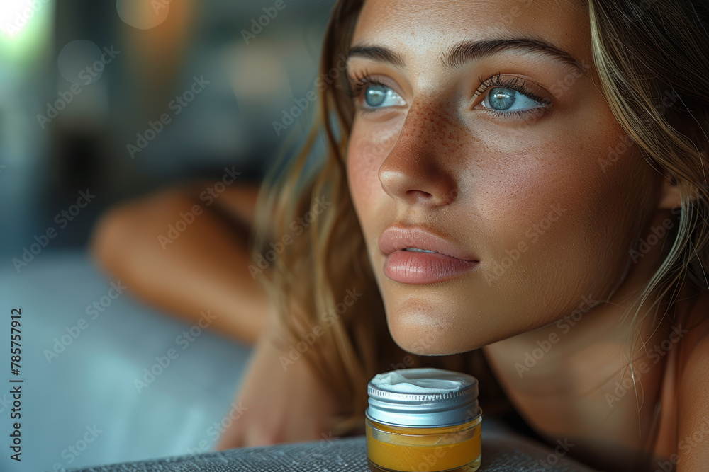 A woman applying topical ointment to soothe her inflamed skin affected ...