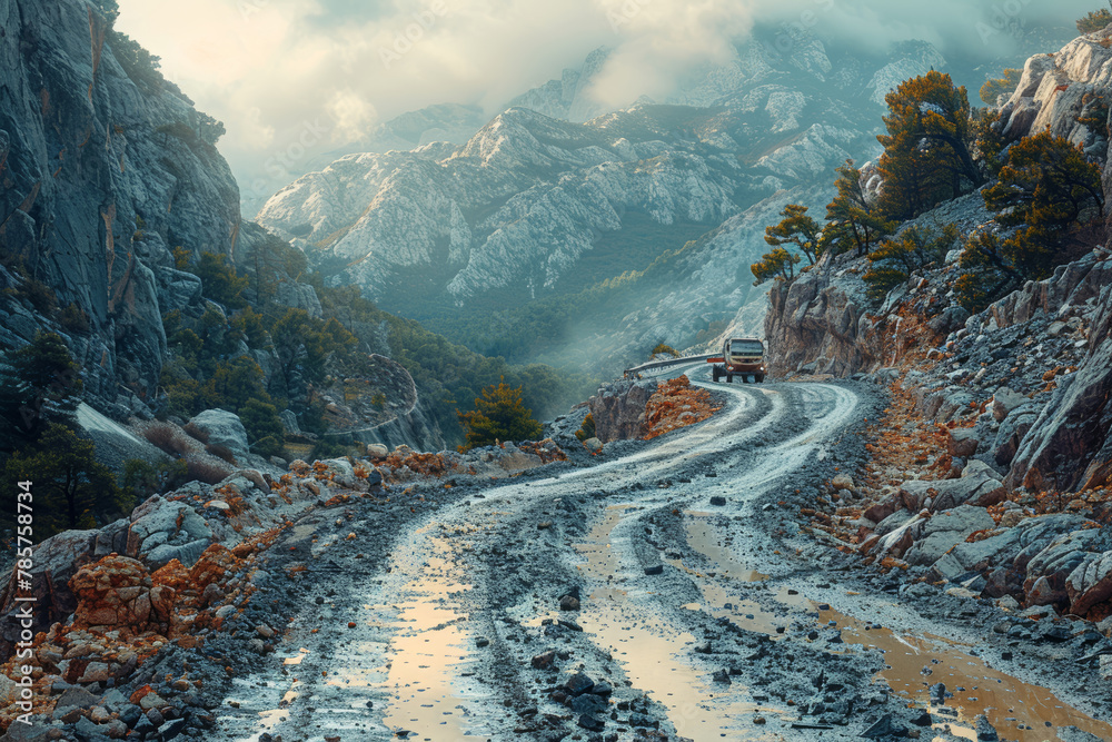 The intersection of a landslide and a mountain road, illustrating the ...